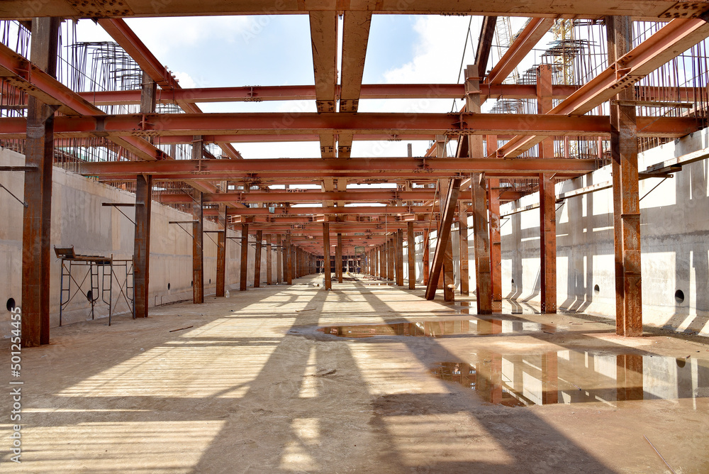 Reinforced steel frame structure under the construction building with ...