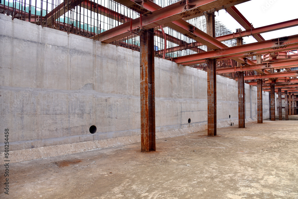 Reinforced steel frame structure under the construction building with ...