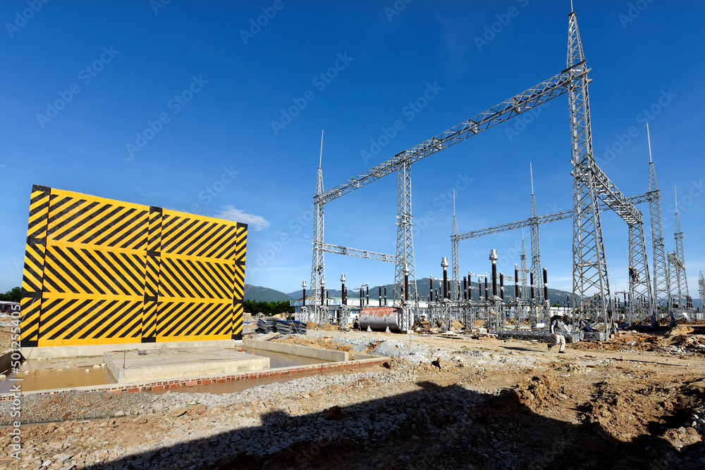 Construction site of a wind farm electrical substation with reinforced ...