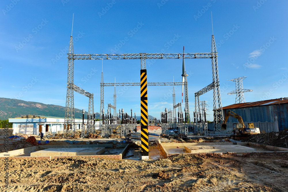 Construction site of a wind farm electrical substation with reinforced ...