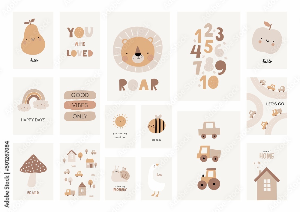 Cute cartoon Bohemian nursery posters. Boho vector print for wall decor ...