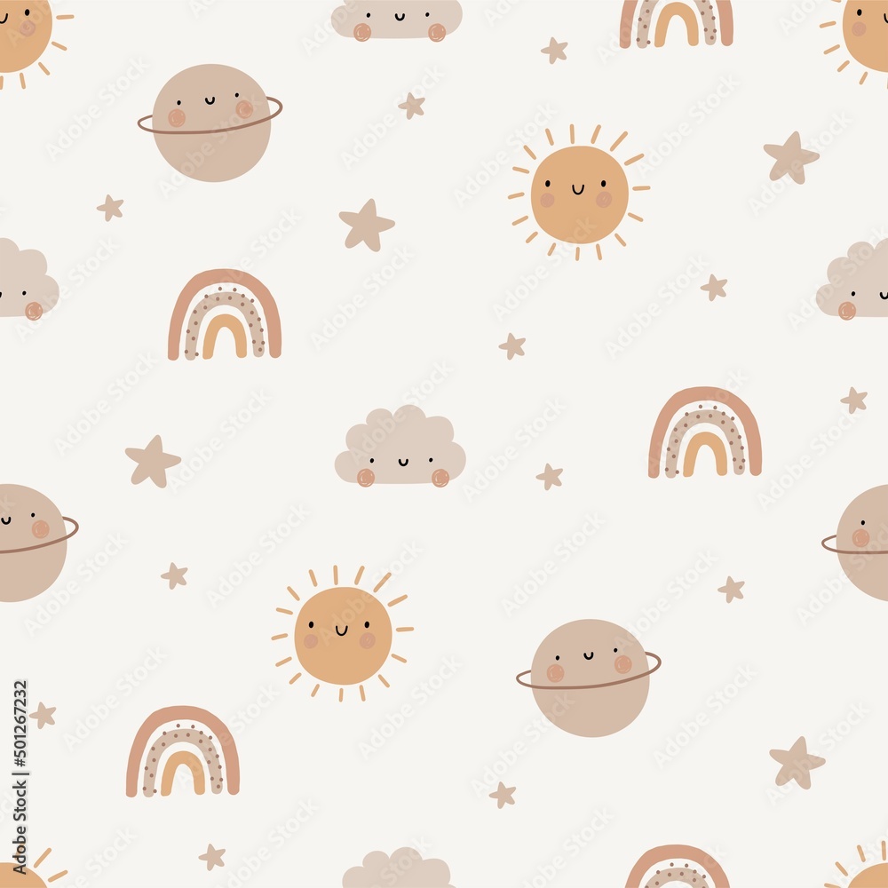 Cute cartoon Bohemian nursery pattern. Boho vector print for wall decor ...