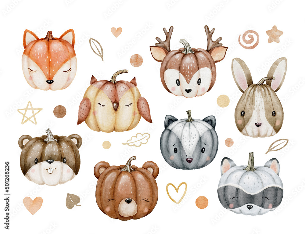 Watercolor funny pumpkins clipart set, cartoon woodland animals ...