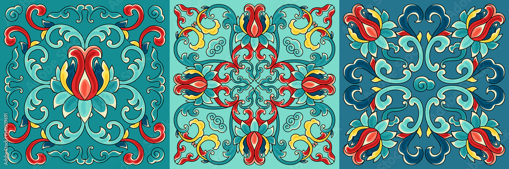Chinese ceramic tile pattern. Oriental traditional floral ornament ...