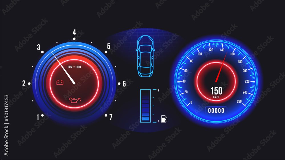 Car dashboard. Electric automobile speedometer odometer and tachometer ...
