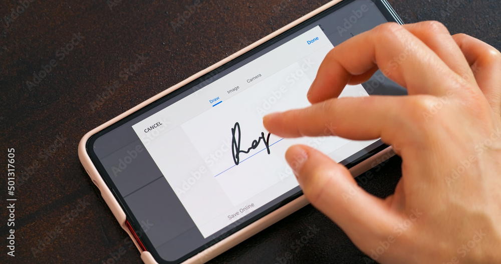 Electonic signature with finger in phone screen Stock Photo | Adobe Stock