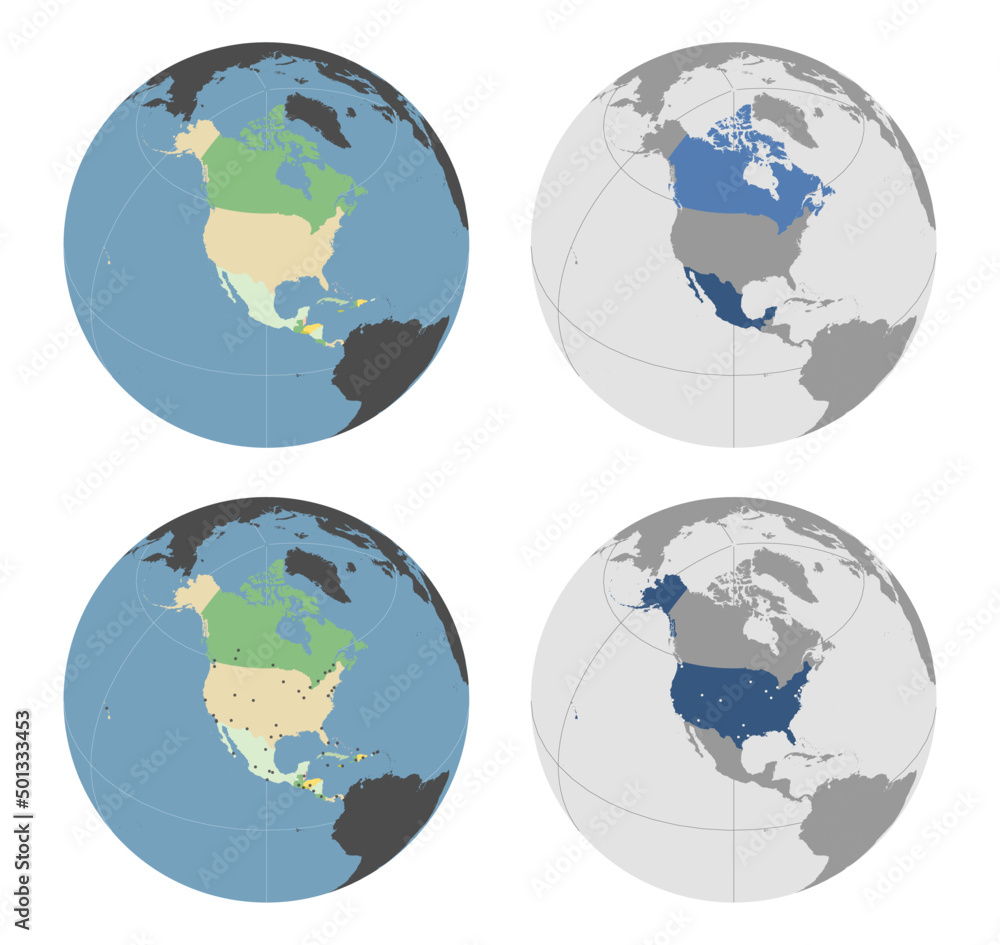 Round Globe Vector Map with North American Countries highlighted and ...