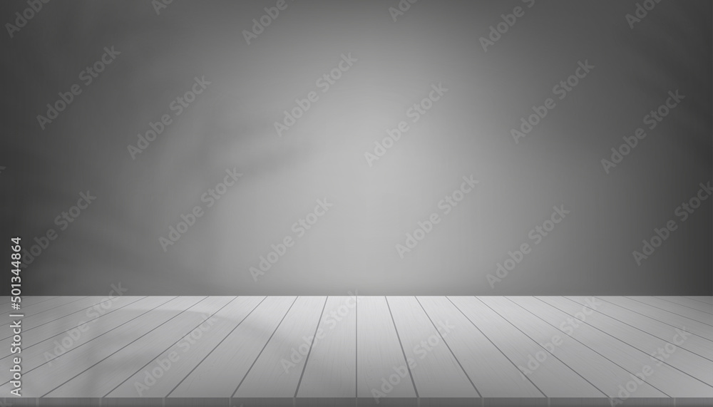 3D Studio room with palm leaf shadow on wooden panel with grey wall ...