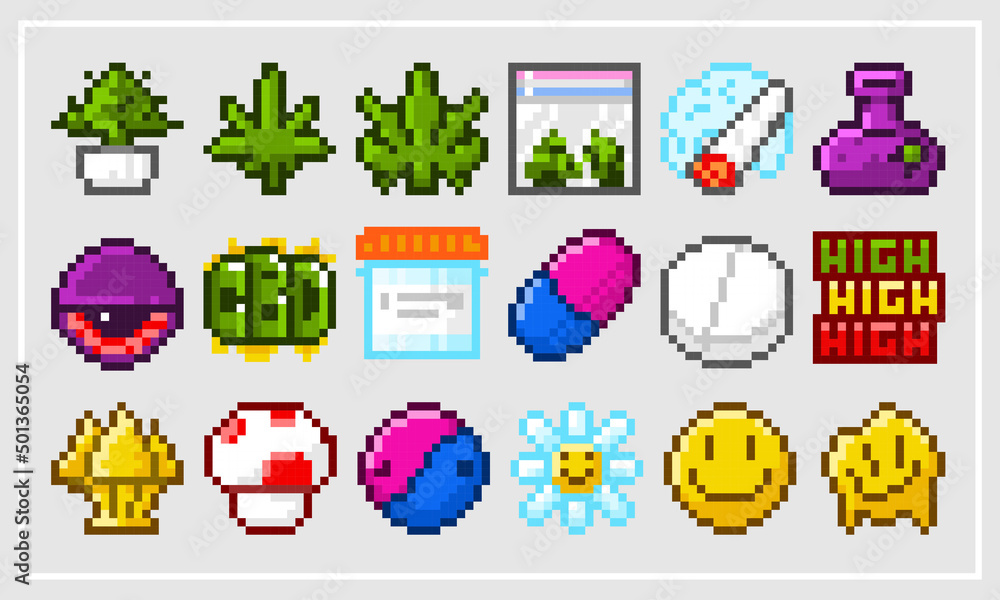 Vetor Medical marijuana pixel art style nft cbd weed icons set. do ...