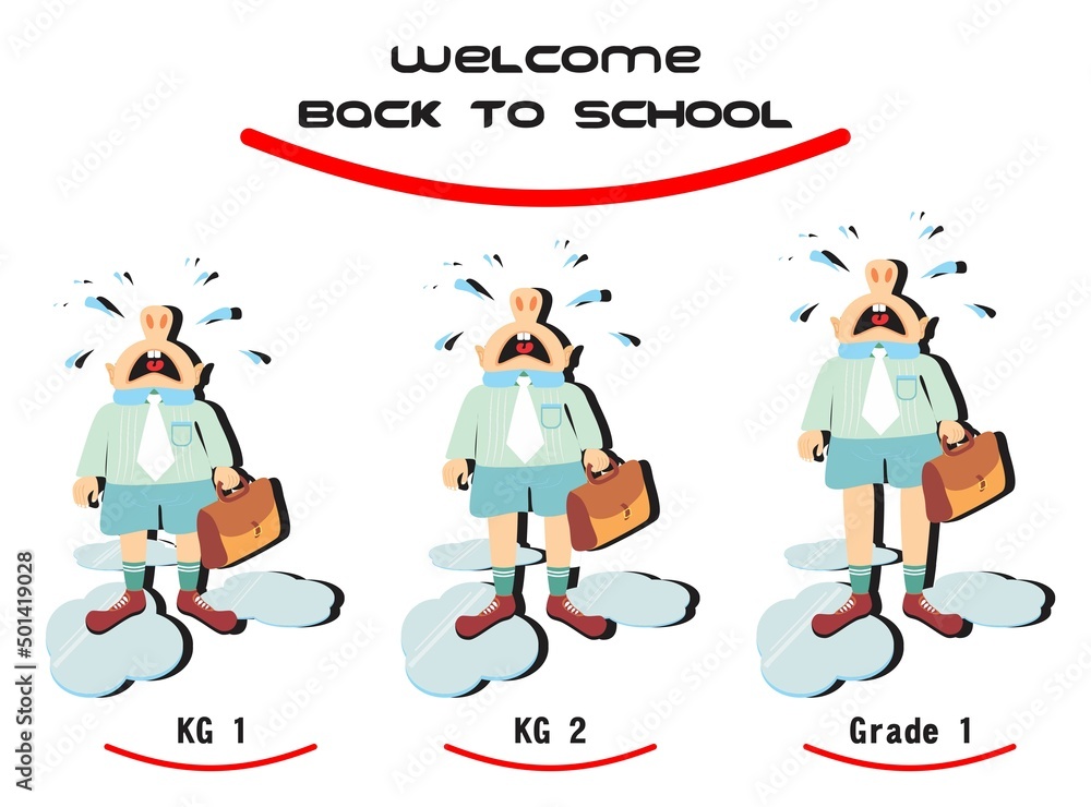 Cartoon crying new students welcome back to school funny concept for ...