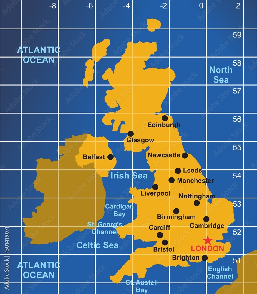 United kingdom infographic diagram with all surrounding oceans seas ...