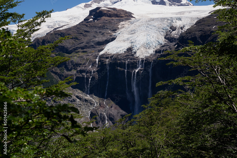 Alpine landscape. View of glacier Castaño Overo white ice field in ...