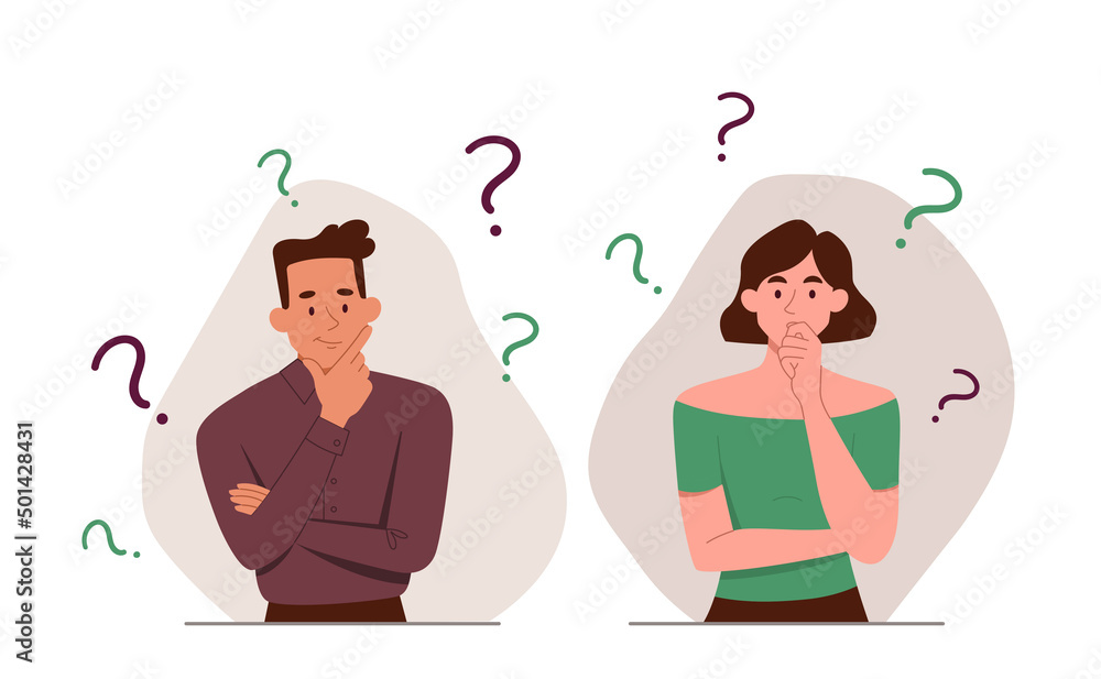 Thinking and Problem solving concept. Young man and woman ask questions ...