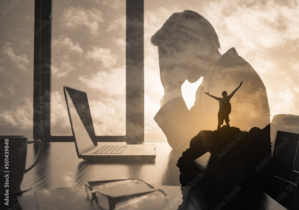 Never give up. Young business man in the office overcoming problem ...