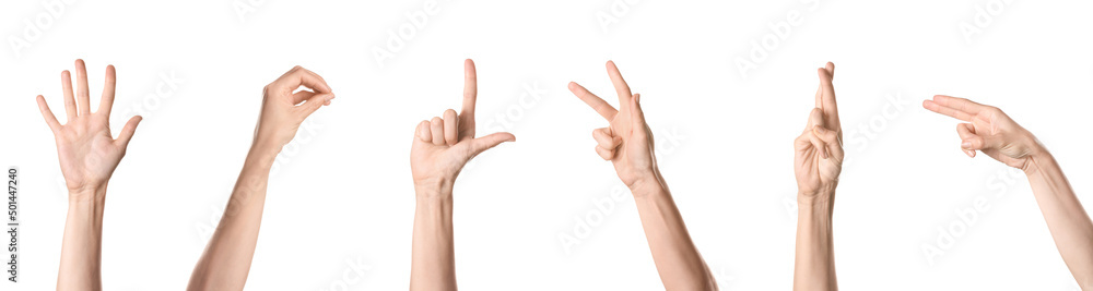 Hands showing different letters on white background. Sign language ...