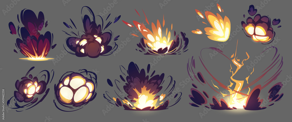 Bomb explosion, rocket hit animation effect. Vector sprite sheet of ...
