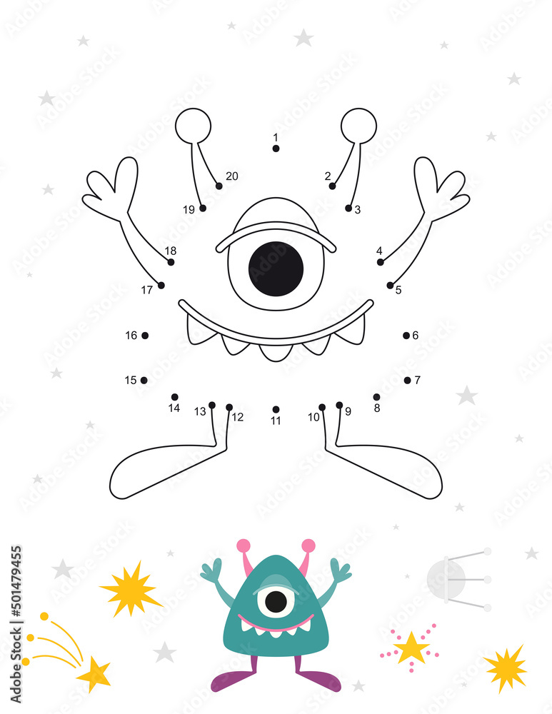 Space activities for kids. Dot to dot game – Cute Alien. Numbers games ...