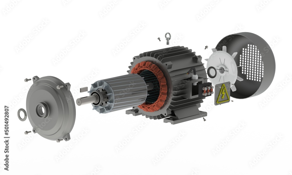 Electric motor, exploded view 3D illustration isolated on white ...