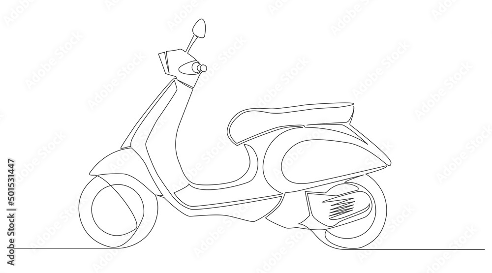 single line drawing of classic motor scooter isolated on white ...