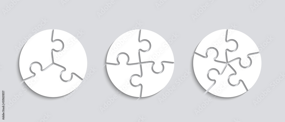 Round puzzle grid. Jigsaw pieces. Thinking mosaic game with 3, 4 and 5 ...