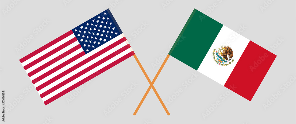 Crossed flags of the USA and Mexico. Official colors. Correct ...