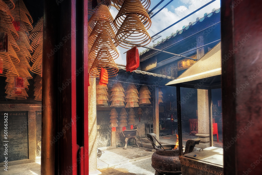 Macau, China. Spiral Chinese Prayer Incense inside Pak Tai Temple ...