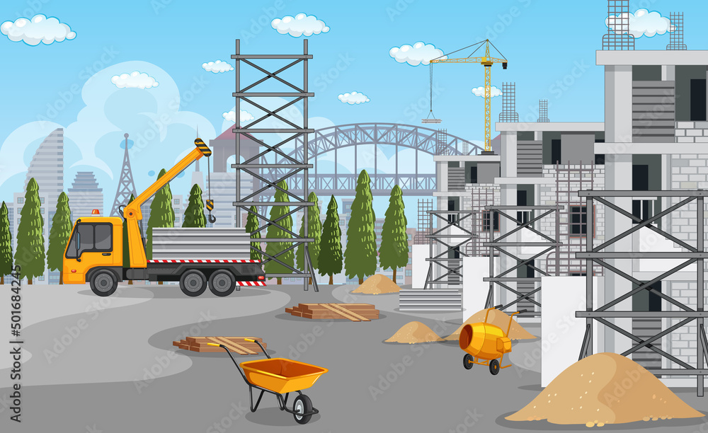 Cartoon scene of building construction site Stock Vector | Adobe Stock