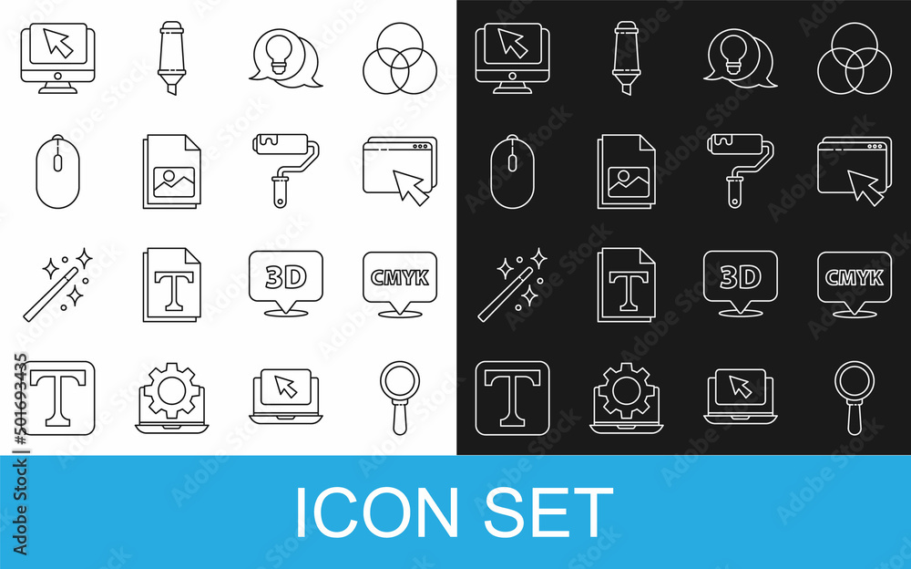 Set line Magnifying glass, Speech bubble with text CMYK, Web design and development, Light bulb ...