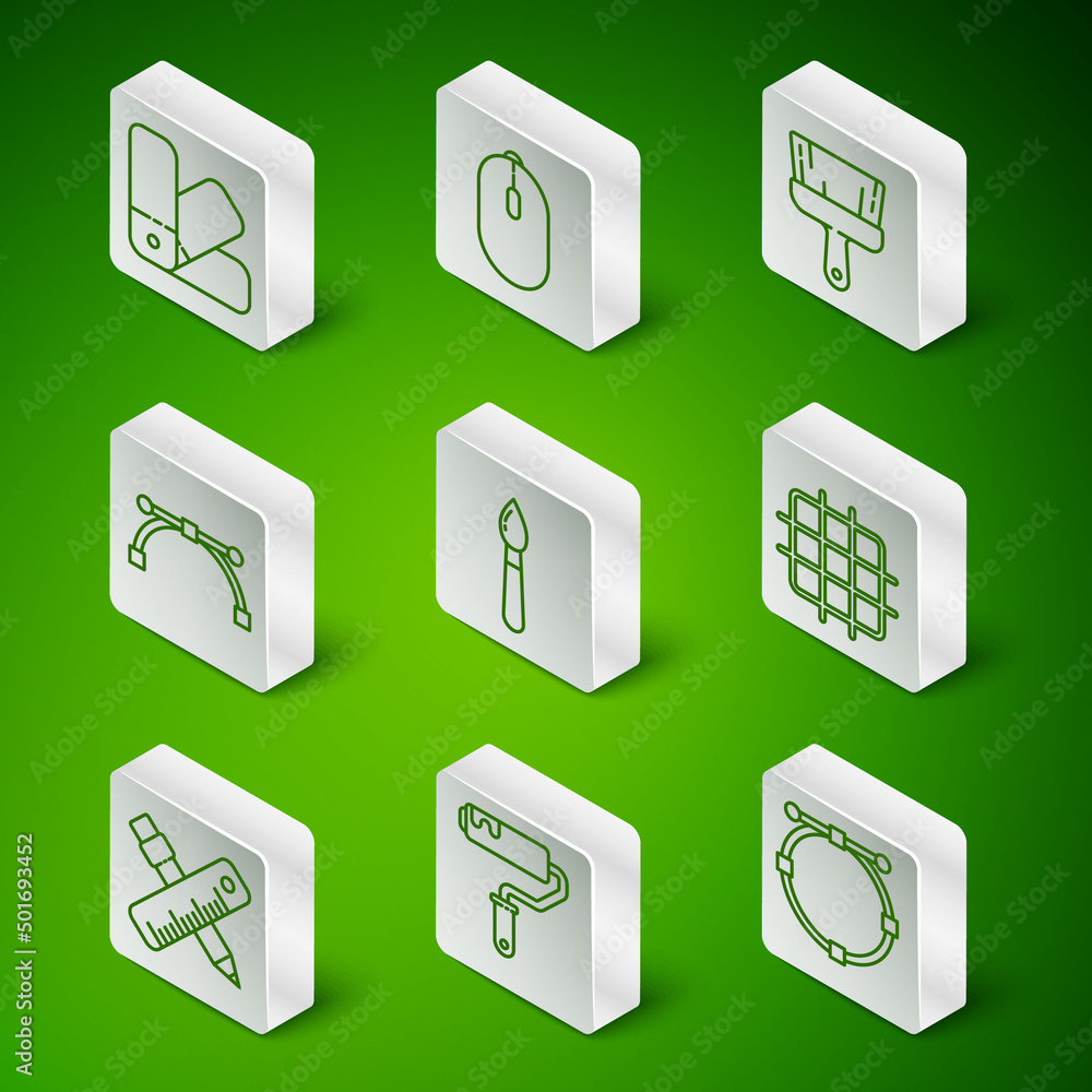 Set line Circle with Bezier curve, Paint roller brush, Color palette guide, Computer mouse ...