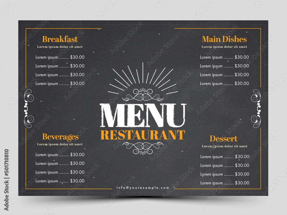 Restaurant Menu Card Design In Black Color For Publishing. Stock Vector ...