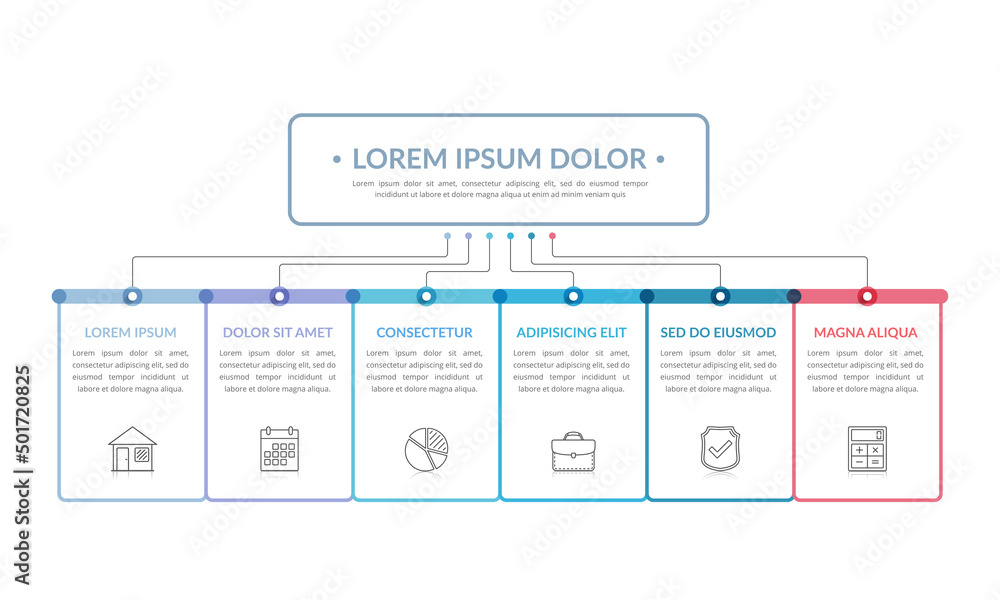Flowchart with main title and 6 elements, workflow, process chart ...