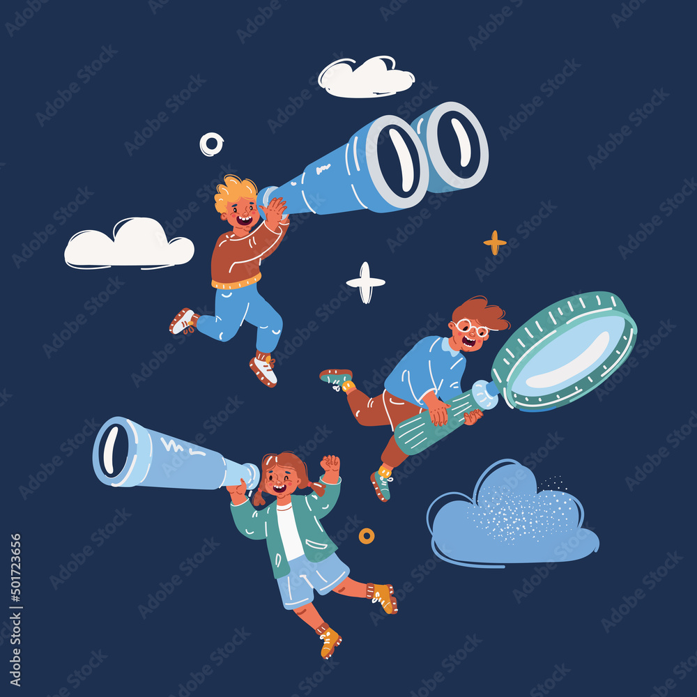 Cartoon vector illustration of happy cute kid searches idea process ...