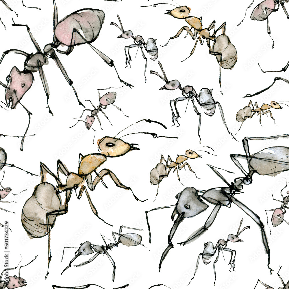 Watercolor seamless pattern with ants, pastel color sketch isolated on ...