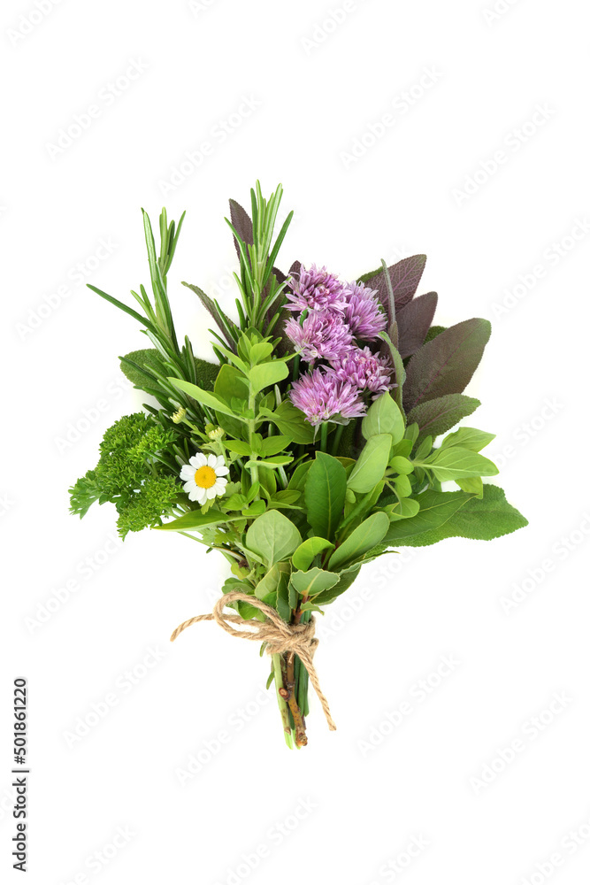 Herbs tied in a bunch for food seasoning, fresh organic ingredients ...
