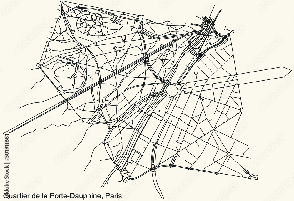 Detailed navigation black lines urban street roads map of the PORTE ...