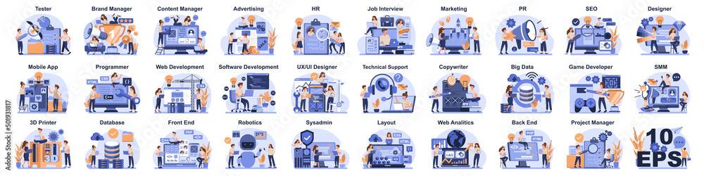 Big IT profession collection. Programmer write software and create code ...