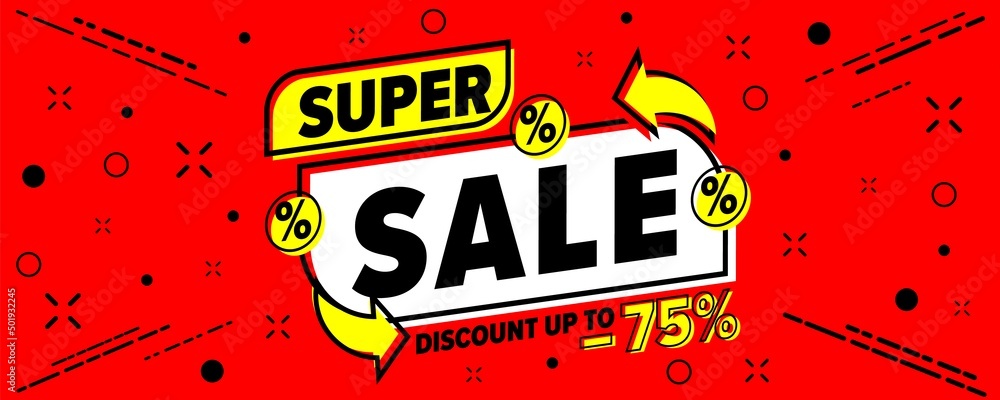 Super sale discount with 75 percent off header banner. Poster, coupon ...