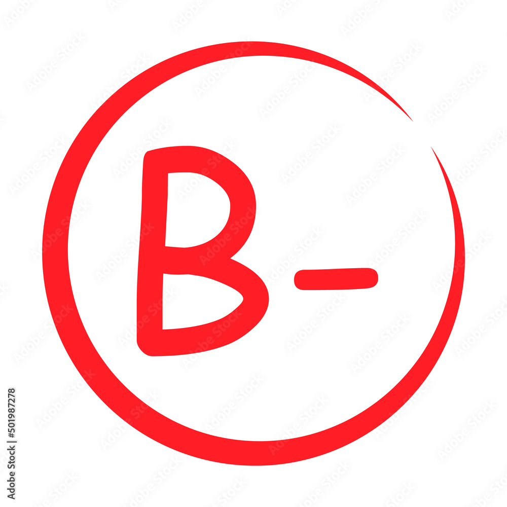 Grade result B minus. Hand drawn icon in red color. Test exam mark ...
