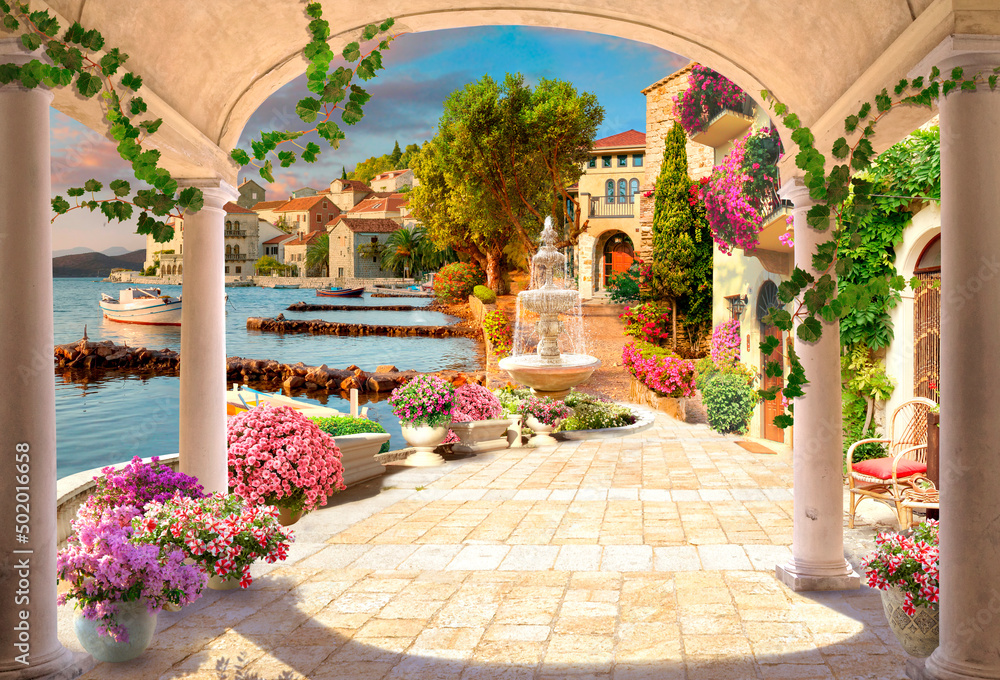 View from the terrace to the blue sunny sea with an arch. Digital mural ...