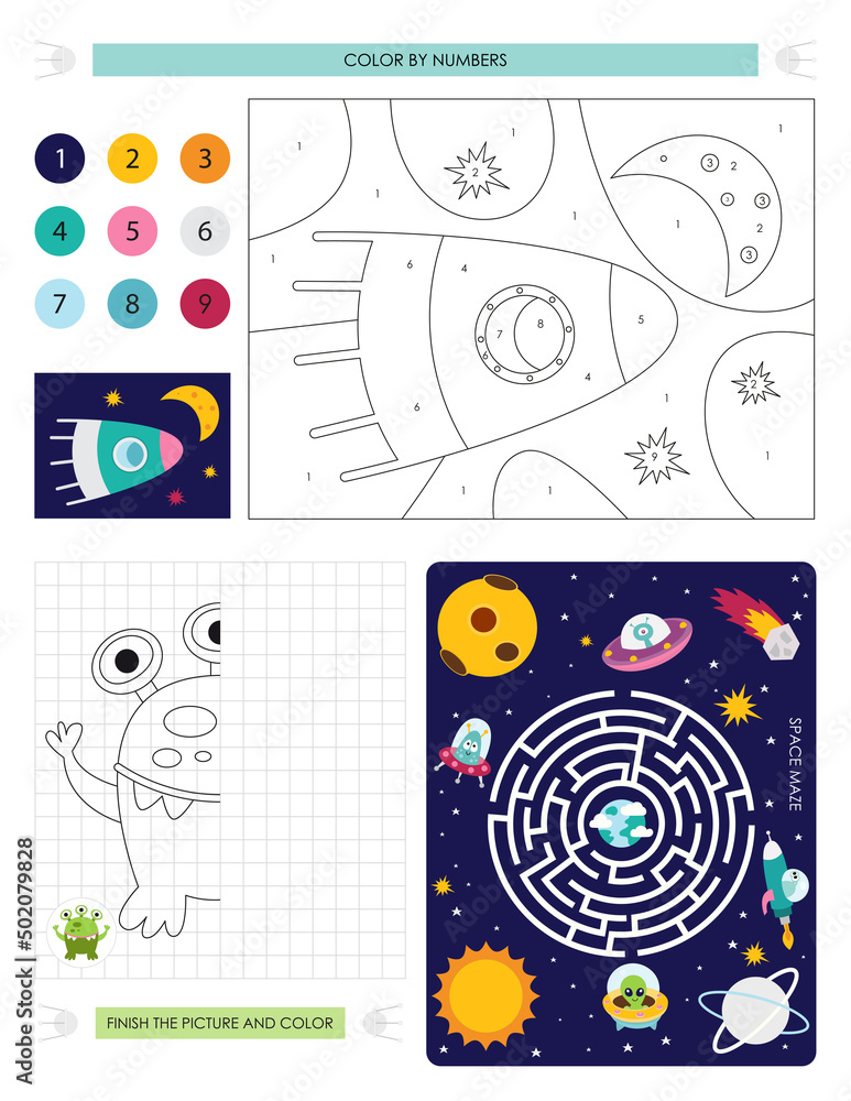 Space Activity pages for kids. Printable activity sheet with mini games ...