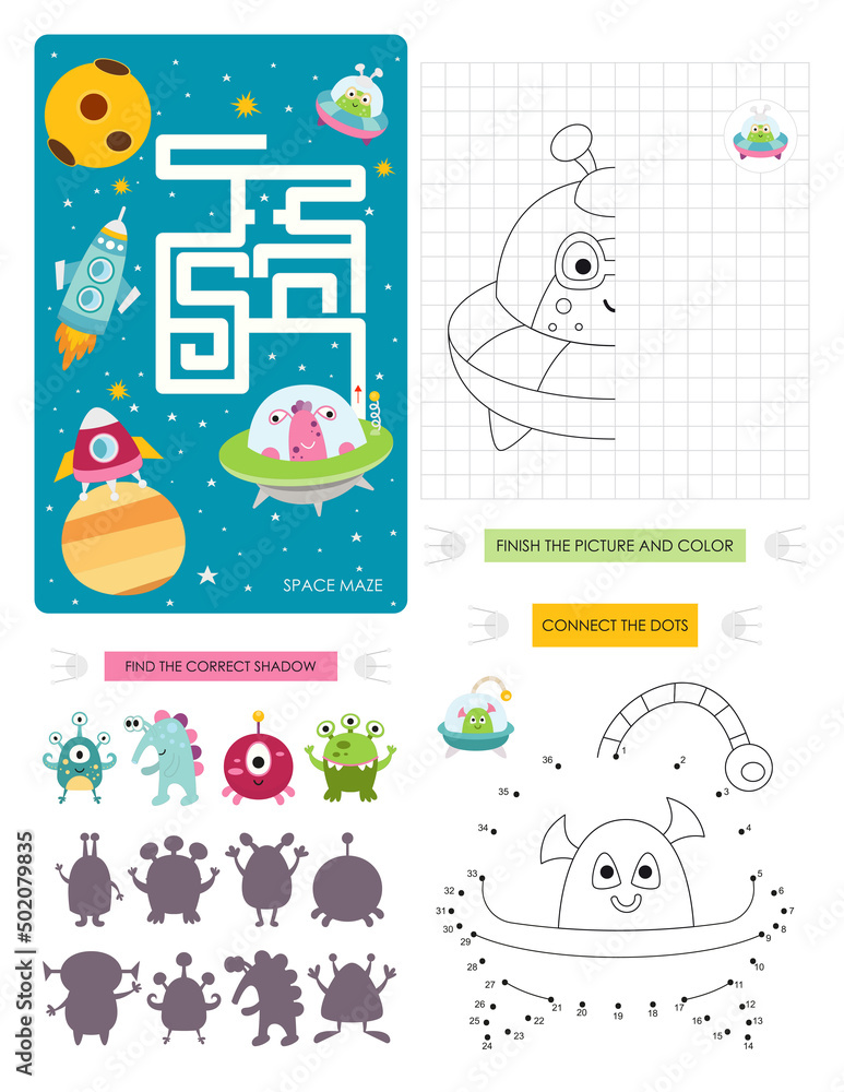 Space Activity pages for kids. Printable activity sheet with mini games ...