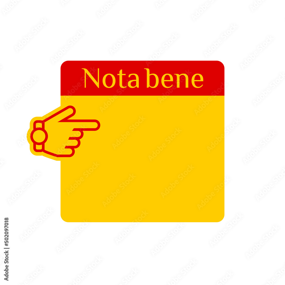 Note, quote, footnote textbox. Nota bene latin phrase. Forefinger and ...