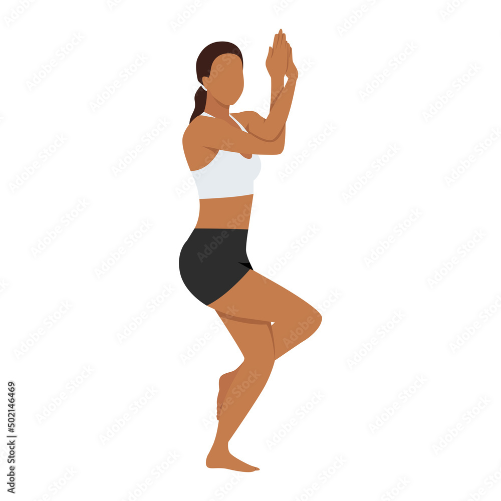 Woman doing eagle pose Garudasana exercise. Flat vector illustration ...
