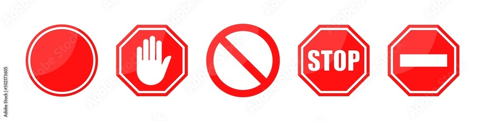 Stop red road signs set. Danger pictogram with hand and do not enter ...