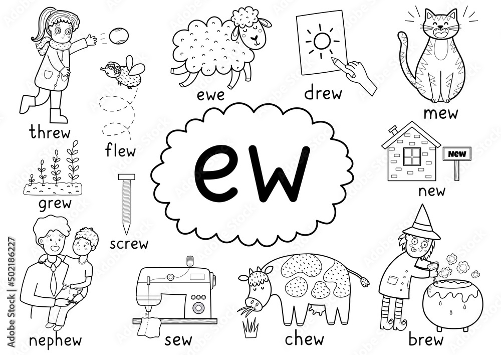 -Ew- digraph spelling rule black and white educational poster for kids ...