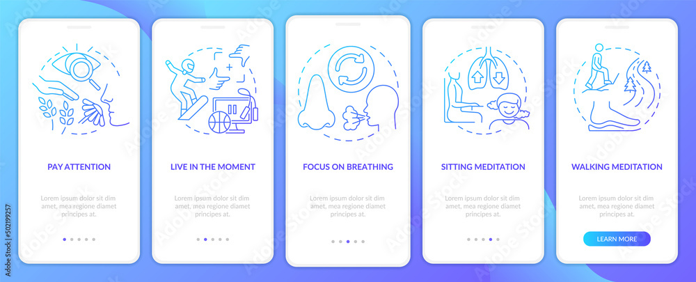 Mindfulness activities blue gradient onboarding mobile app screen ...