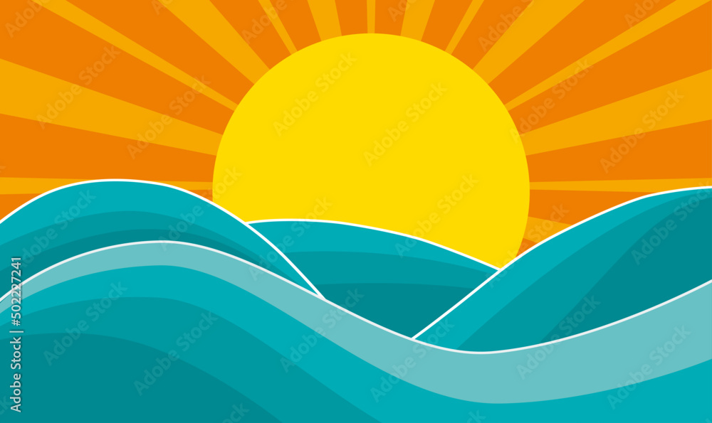 Abstract summer background, sun and wave, stormy sea. Vector ...