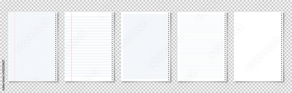 Realistic blank lined paper sheets in A4 format on transparent ...