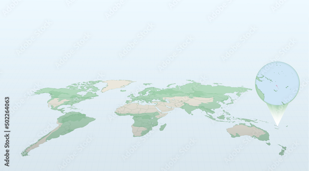 World map in perspective showing the location of the country Vanuatu ...