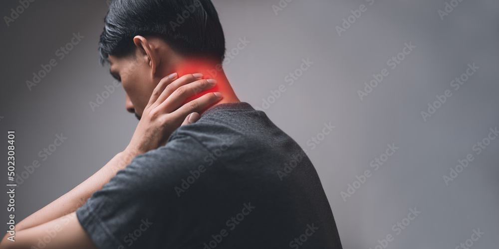 Male patient with pain in the neck, bone, tendon, pain, injury ...
